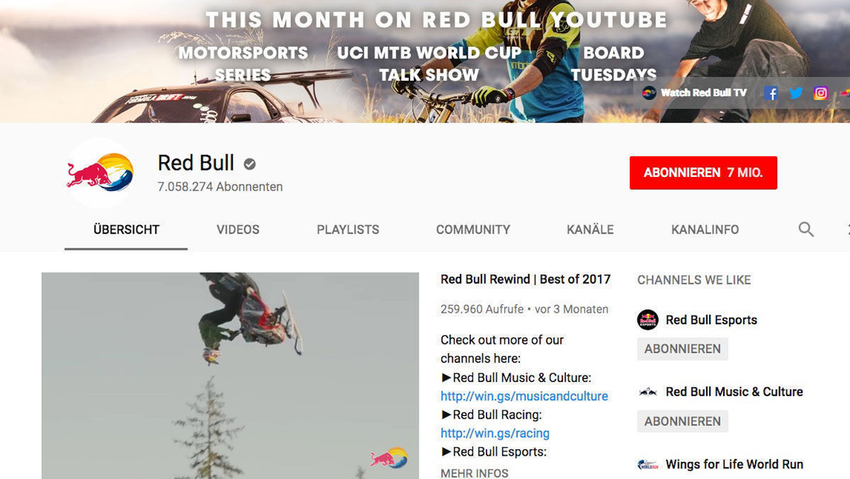 Kanal von Red Bull führt Youtube-Rangliste an | W&V