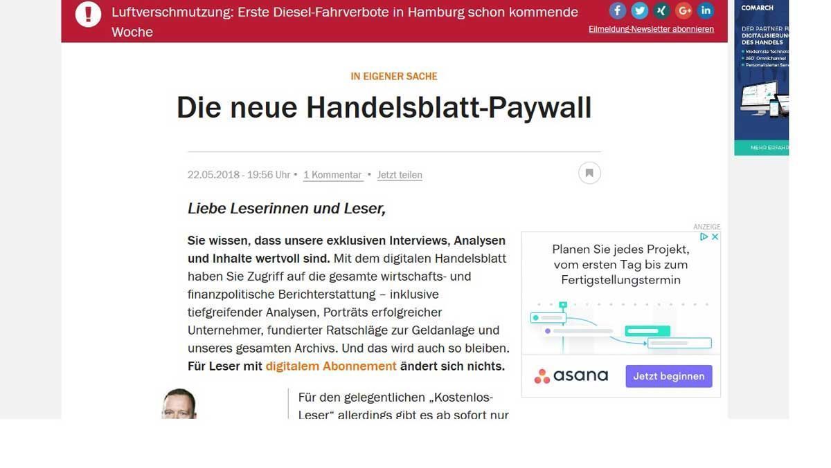 Das Handelsblatt zieht die Paywall hoch | W&V